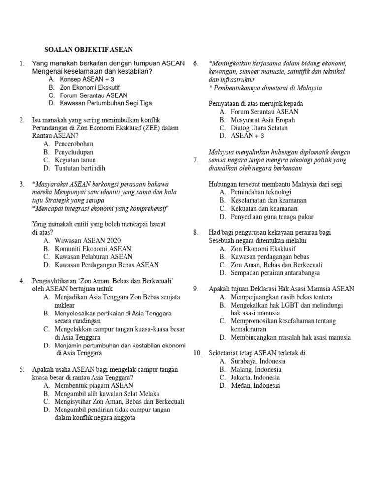 Soalan Objektif tentang ASEAN | PDF | Perjalanan