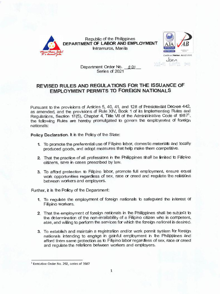 DO 221-21 Revised Rules and Regulations For The Issuance of Employment ...