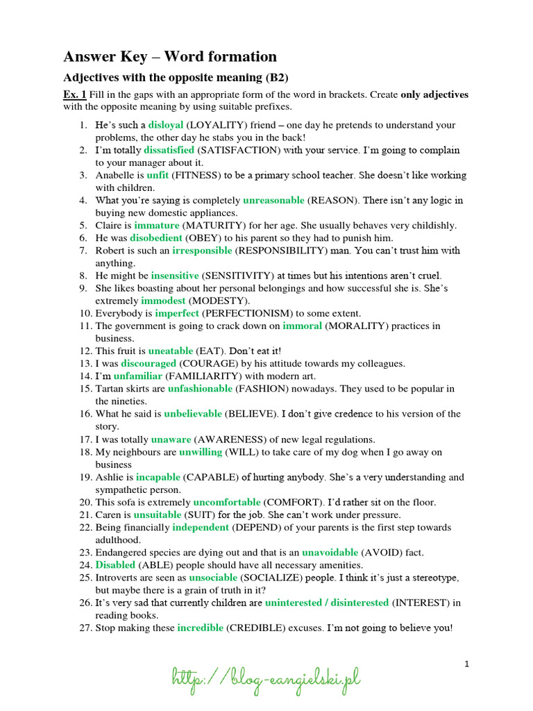 Answer Key Word Formation Adjectives With The Opposite Meaning 1 | PDF