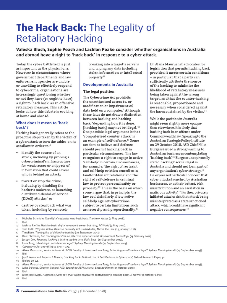 Retaliatory Hacking: The Hack Back: The Legality of | PDF | Cybercrime ...