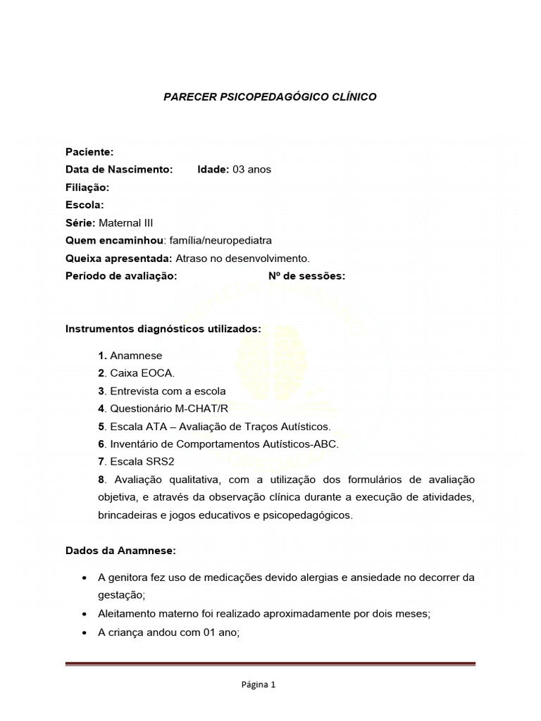 Modelo Relatorio Tea | PDF | Espectro do autismo | Percepção