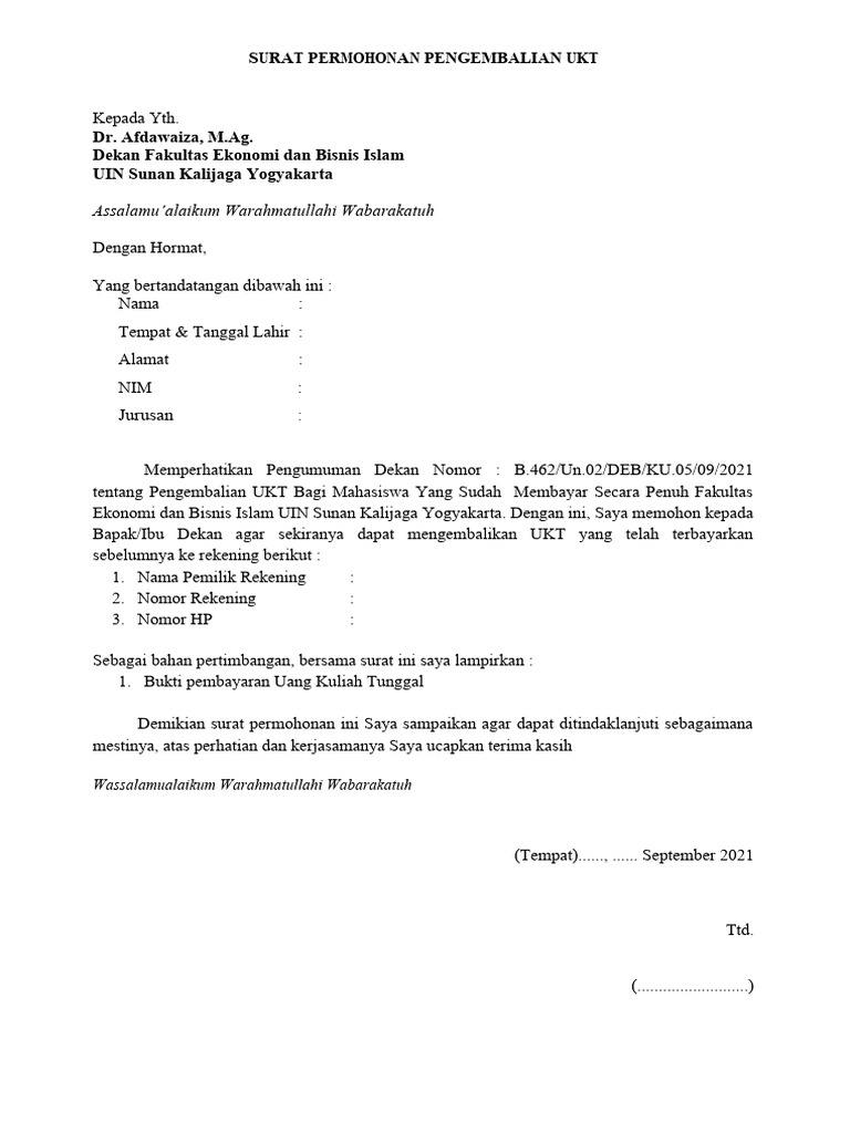 086 - 20210907 - Surat Permohonan Pengembalian Ukt Dekan | PDF