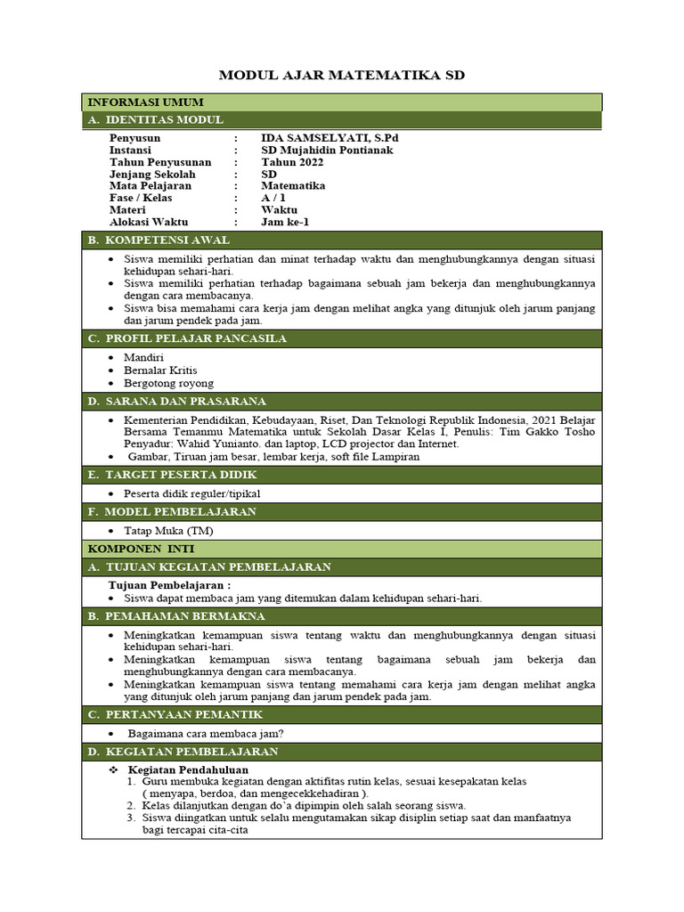 Modul Ajar Pengukuran Waktu Kelas 2 SD | PDF
