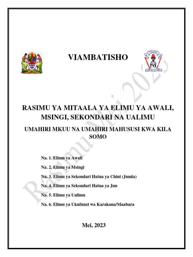 Rasimu Ya Mitaala Ya Elimu Ya Awali, Msingi, Sekondari Na Ualimu 2023 | PDF