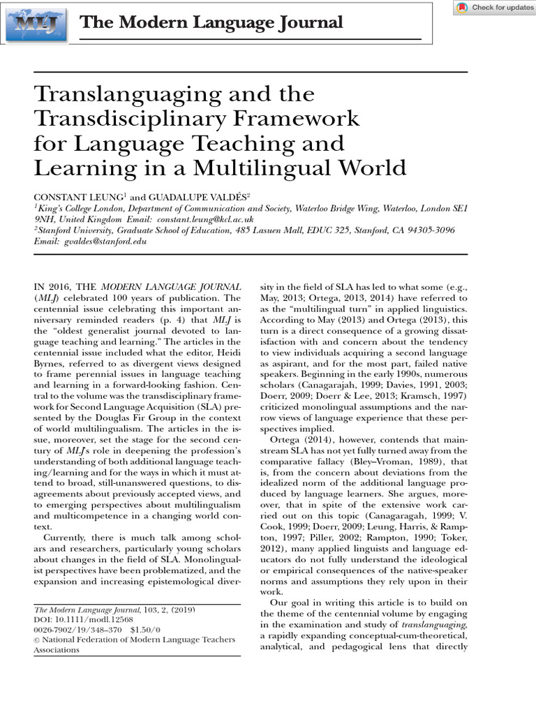The Modern Language Journal - 2019 - LEUNG - Translanguaging and The ... The Modern Language Journal - 2019 - LEUNG - Translanguaging and The ...