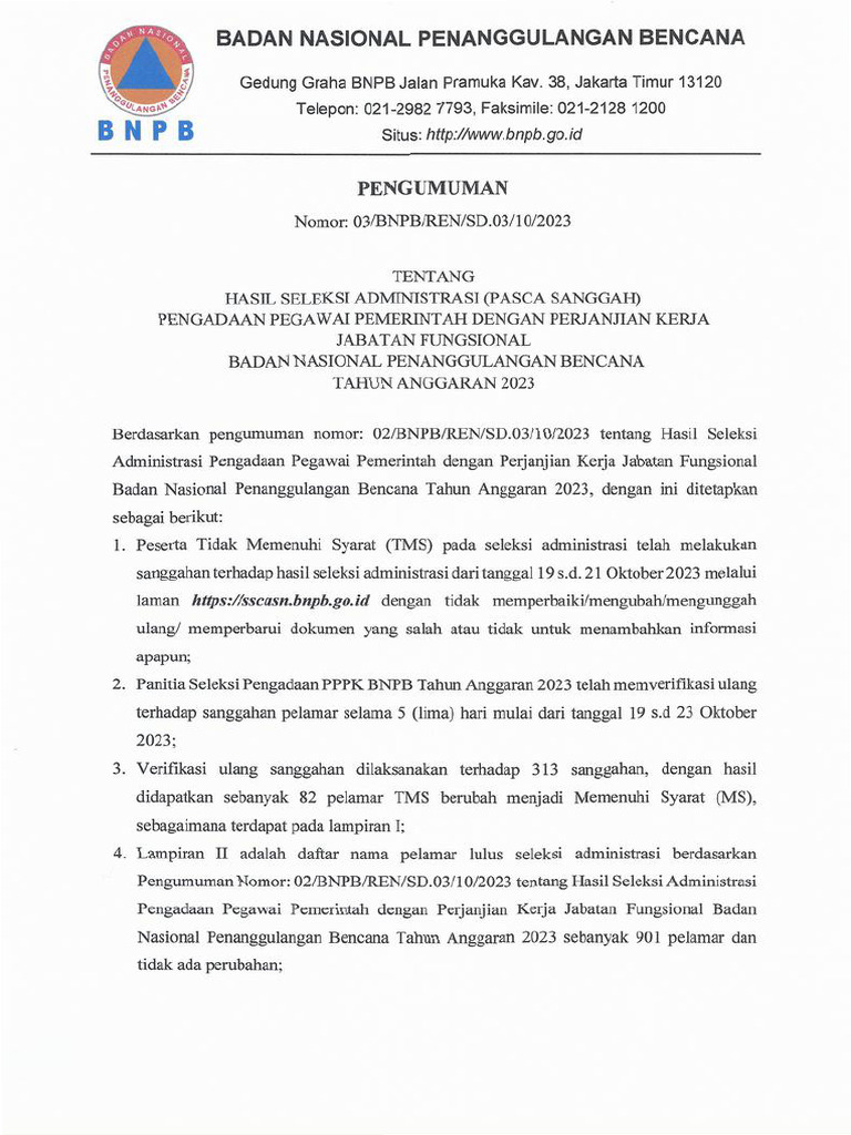 Pengumuman Hasil Seleksi Administrasi Pasca Sanggah Penerimaan PPPK BNPB 2023 | PDF