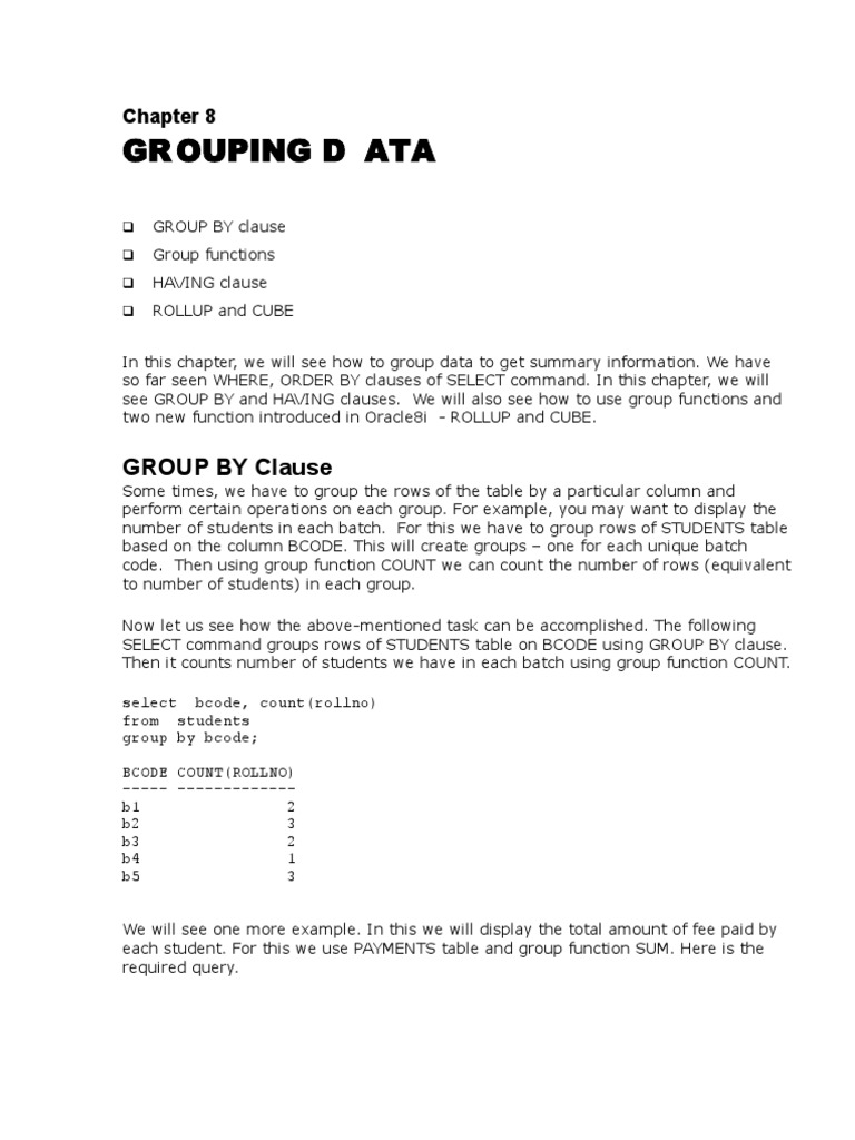 GR Ouping D Ata: GROUP BY Clause | Download Free PDF | Areas Of ...