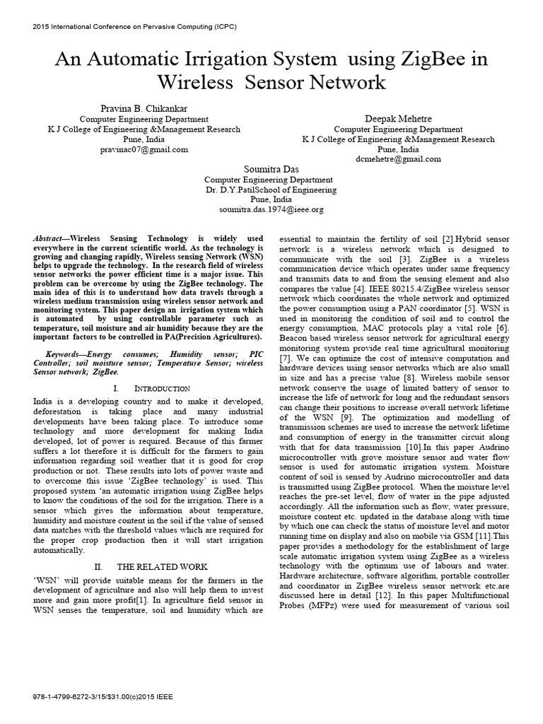 Pravina ICPC Ind 15 WSN ZigBee Irrigation Control | PDF | Wireless Sensor Network | Computer Network