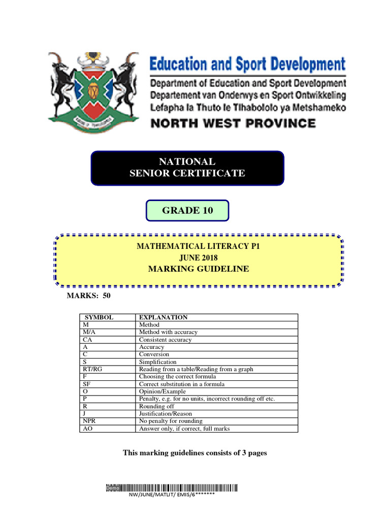 Mathematical Literacy GR 10 MEMO Paper 1 1 | PDF | Mathematics