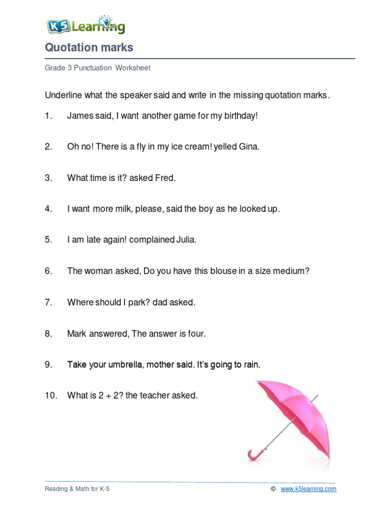 Grade 3 Quotation Marks Worksheet | PDF