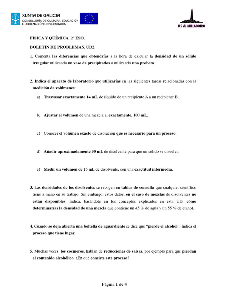 Boletín Ejercicios UD 2 (I) | PDF | Gases | Etanol