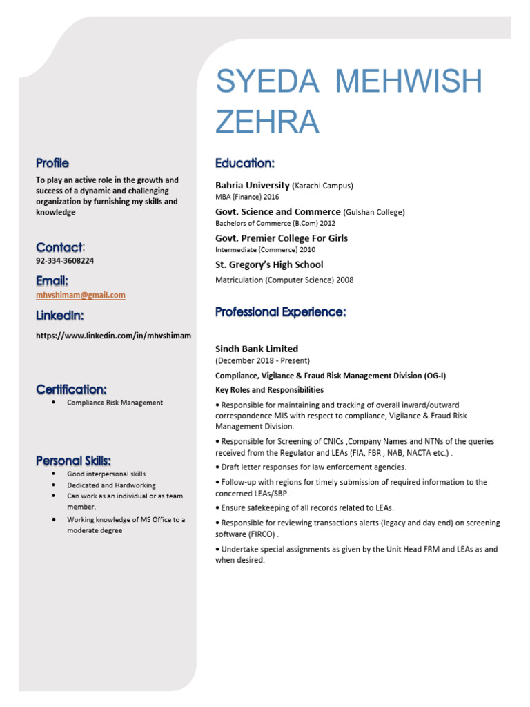 Mehwish Zehra Resume | PDF | Business