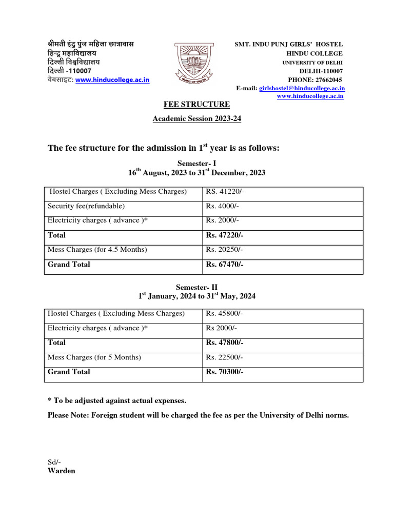 Hindu College Hostel Fee Structure 2023-24 | PDF