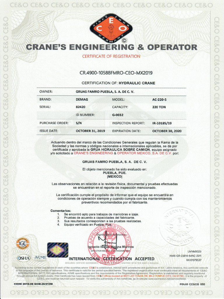Certificación Grúa 2020 | PDF