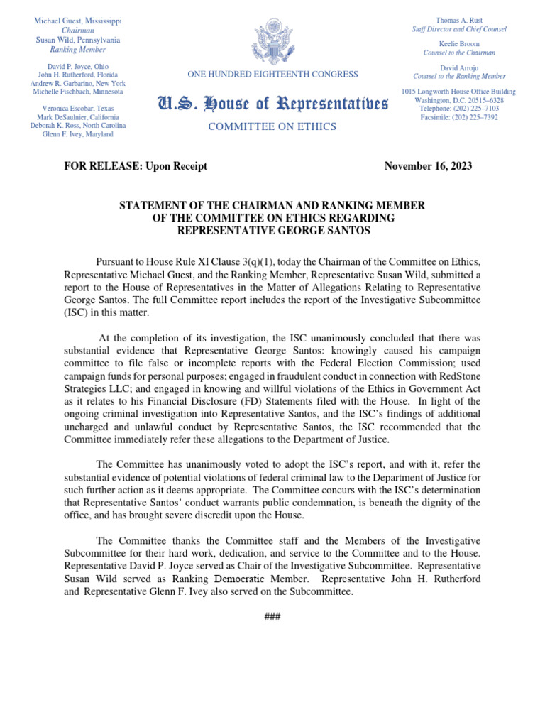 Santos Ethics Committee Report | PDF | United States House Of ...