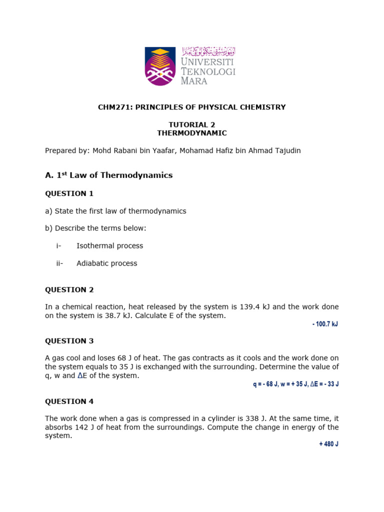 CHM271 - TUTORIAL 2 - THERMODYNAMICS | PDF | Heat | Gases