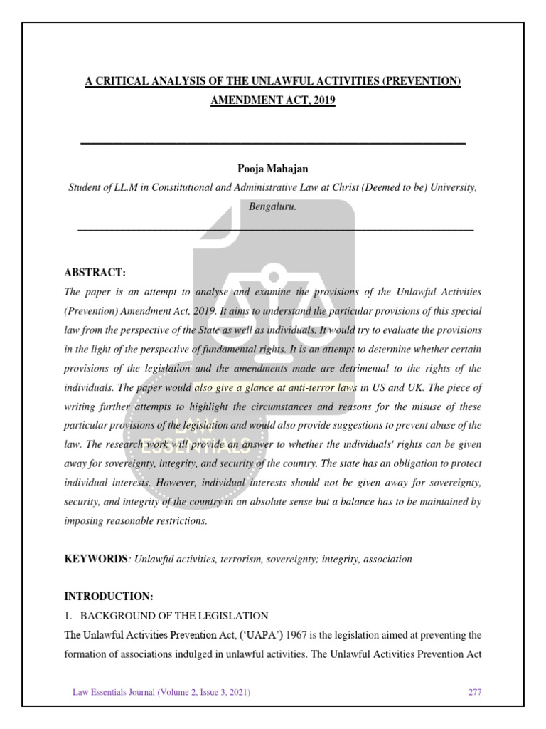 2.3.32 A Critical Analysis of The Unlawful Activities (Prevention) Amendment Act, 2019 | PDF ...