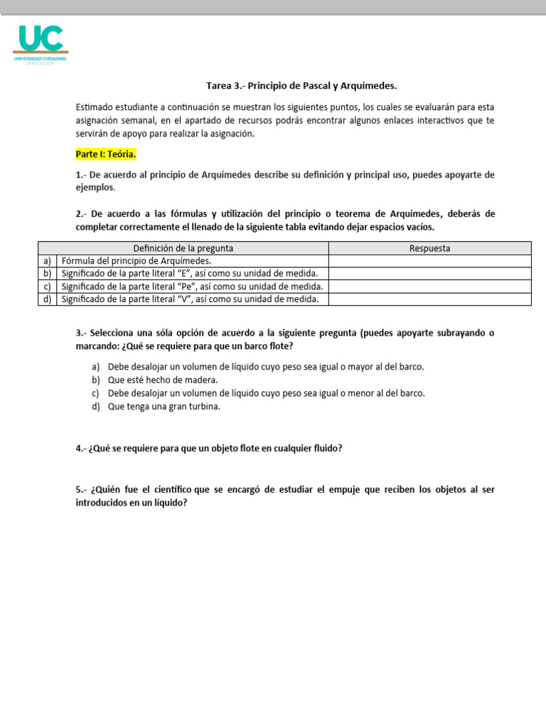Tarea 3. - Principio de Pascal y Arquimedes | PDF Tarea 3. - Principio de Pascal y Arquimedes | PDF