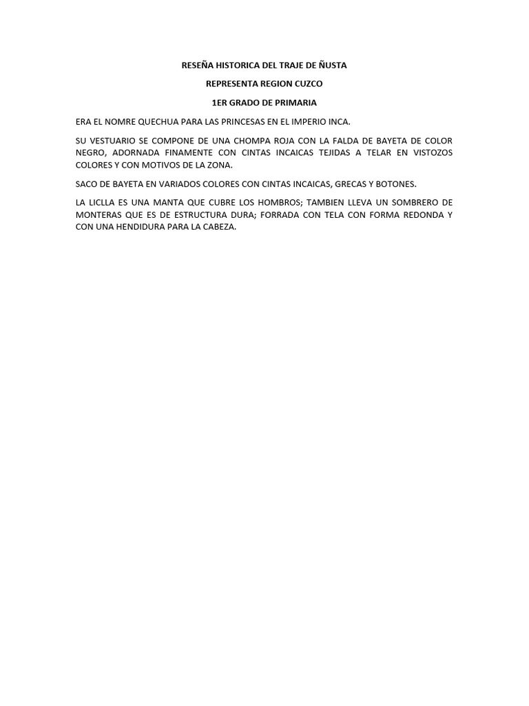 Vestimenta Tradicional de la Ñusta | PDF | Ciencias sociales
