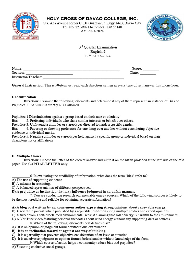 Talisic - TQ-EN9-3rd Quarter | PDF | Bias | Prejudices