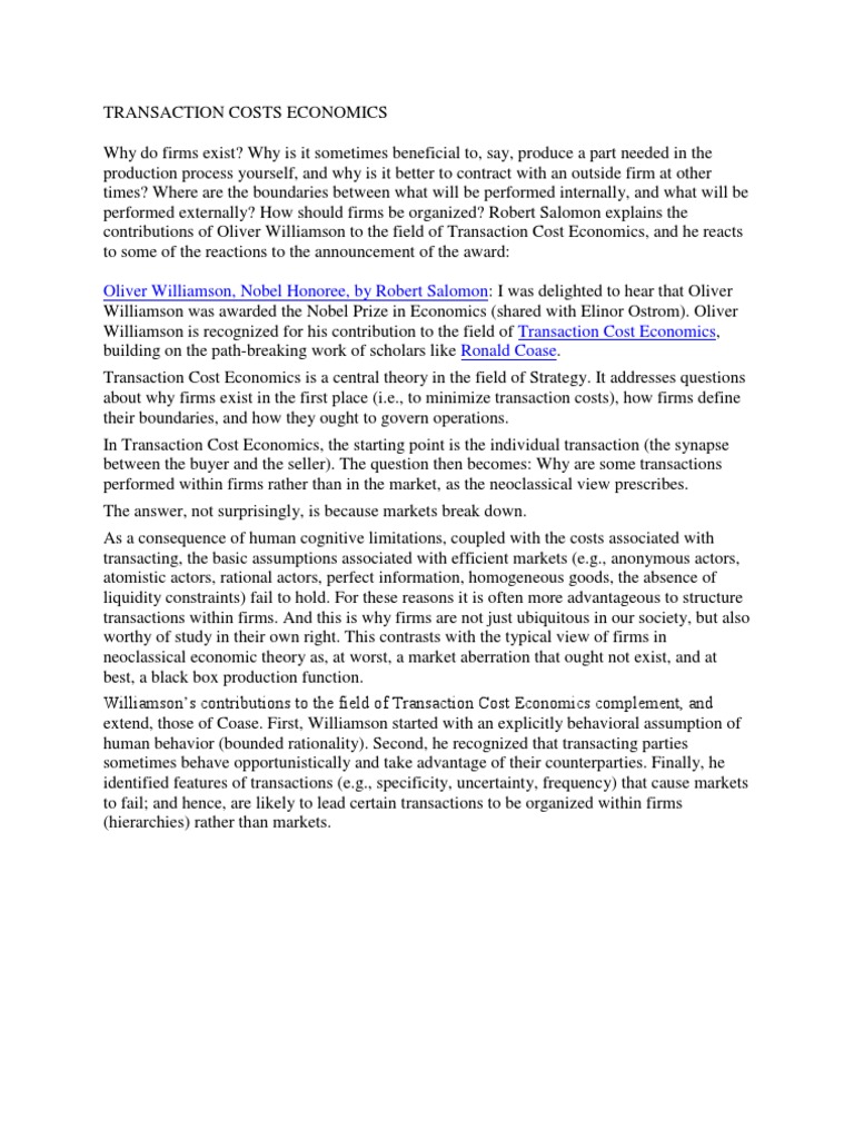 Transaction Costs Economics | PDF | Transaction Cost | Economics