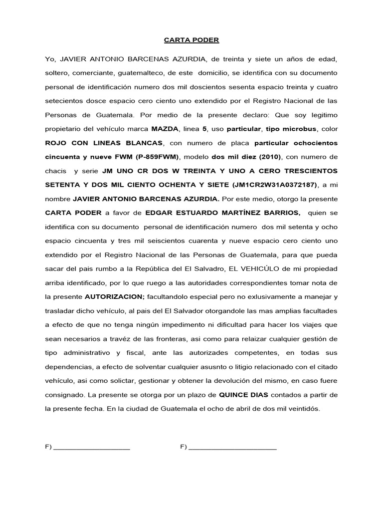 CARTA PODER VEHÍCULO 8-4-22 1 | PDF