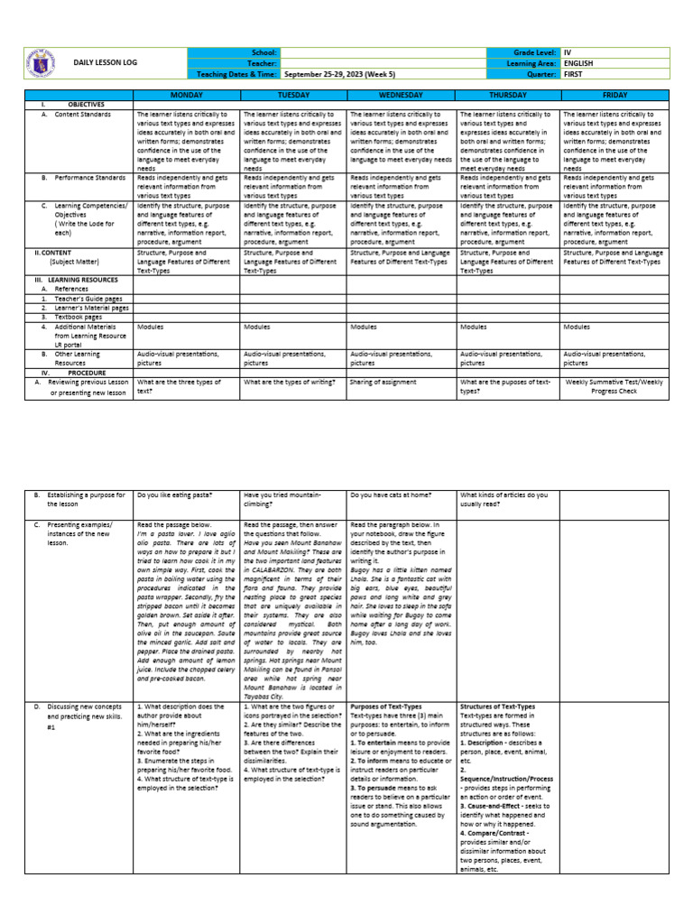DLL - ENGLISH 4 - Q1 - W5 - Identify The Structure, Purpose and ...