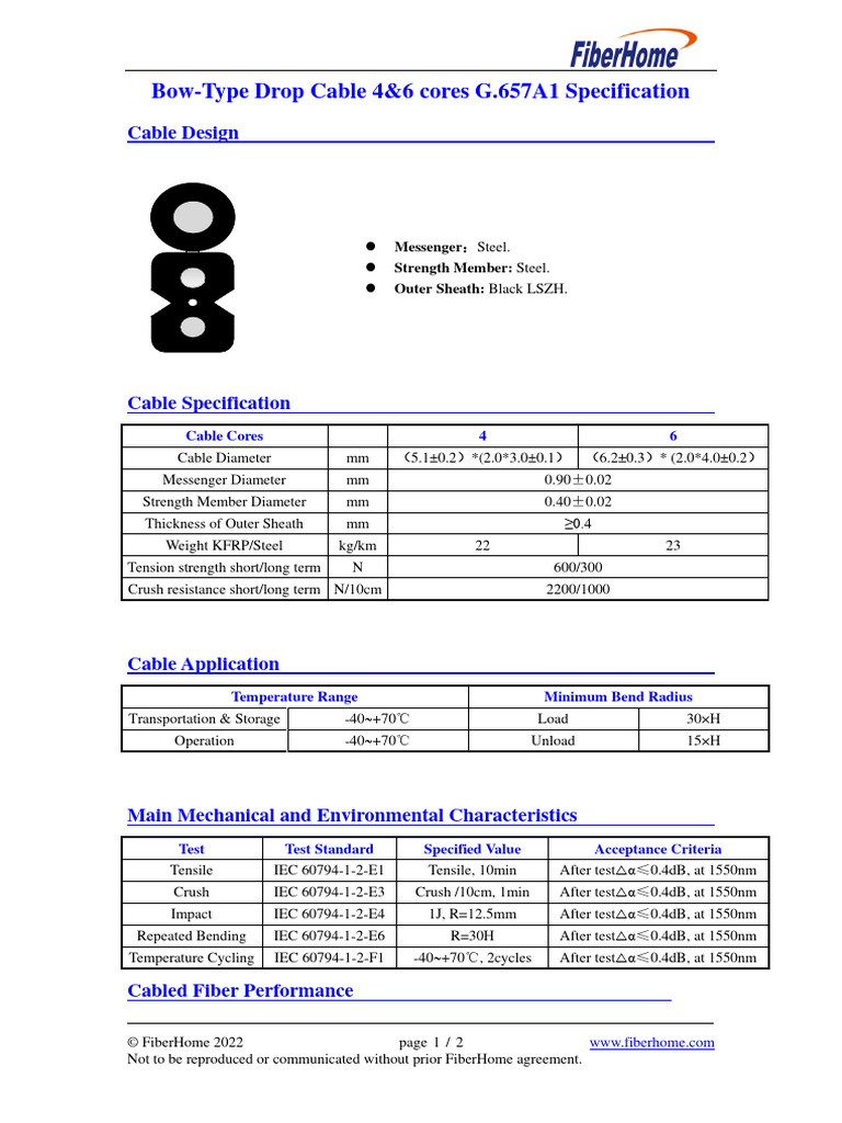 FiberHome Cable Specification-3 Unit STEEL4&6 Cores DROP CABLE | PDF ...