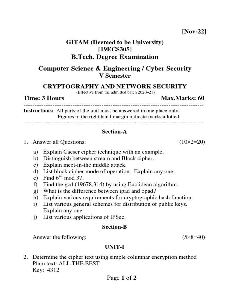 19ecs305 Cryptography And Network Security Pdf Cryptography Encryption