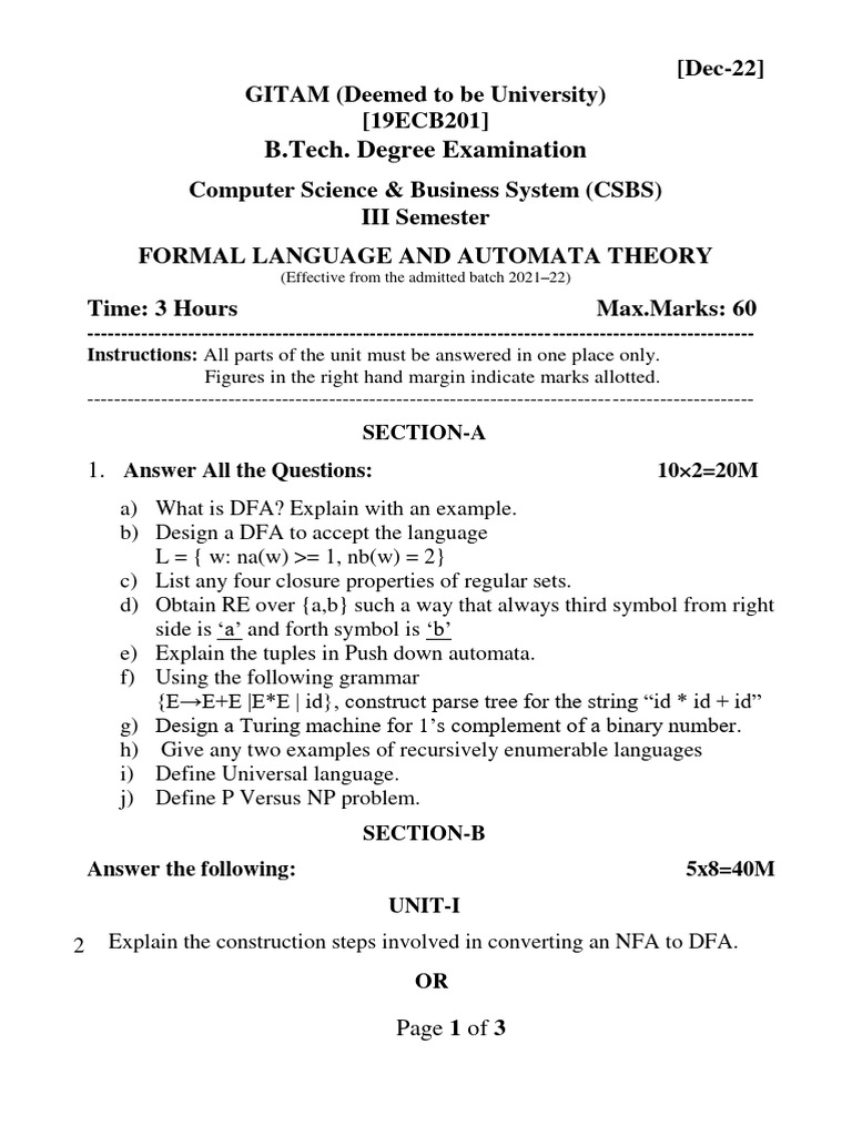 19ecb201 - Formal Language and Automata Theory | PDF | Automata Theory ...