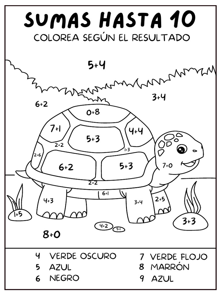 Ficha Matemáticas Sumas Hasta 10 Colorear Tortuga | PDF