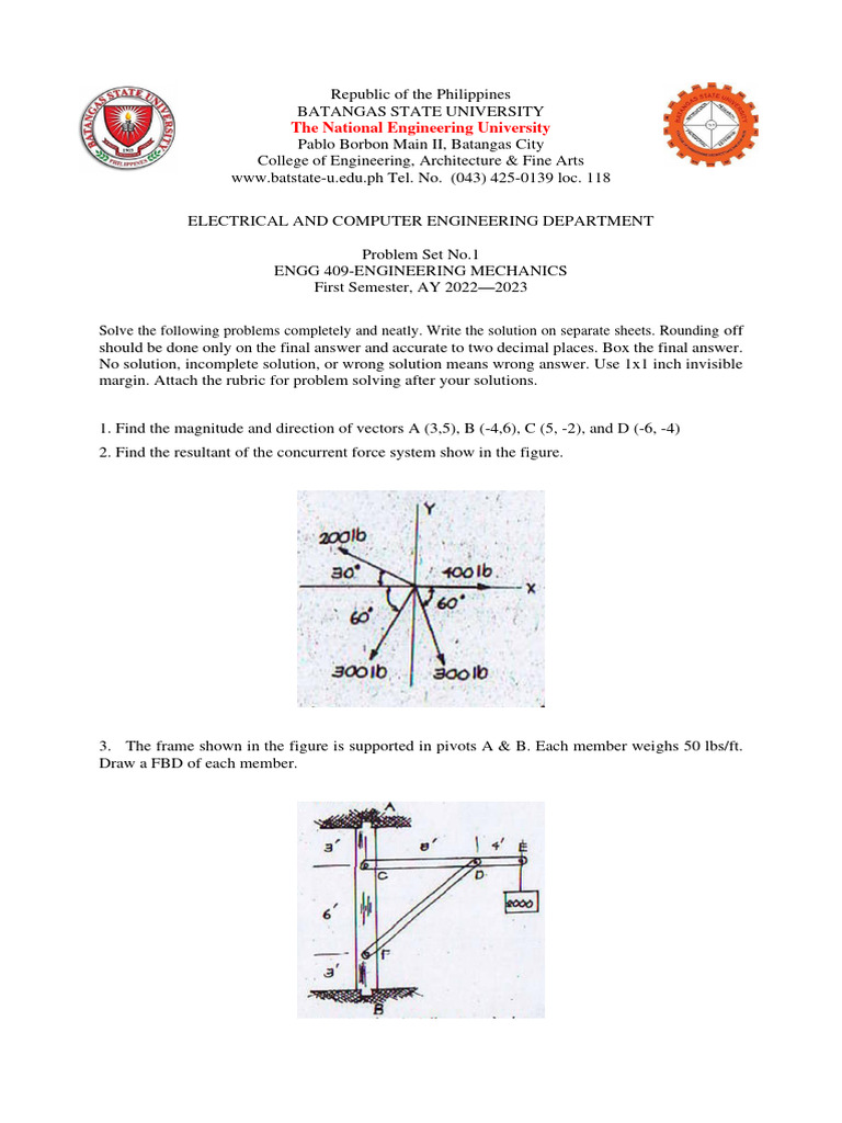 Engineering Mechanics Problem Set 1 | PDF | Mathematics | Force