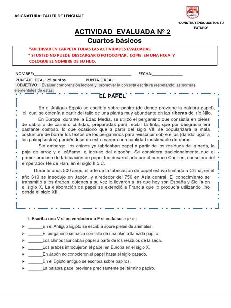 TALLER LENGUAJE - ACTIVIDAD EVALUADA Nº2 (4°A y 4°B) (IMPRIMIR) | PDF | Papel | Escritura