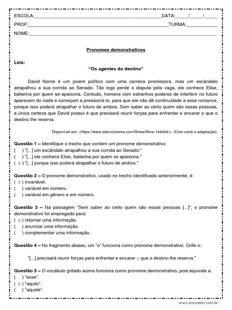 Atividade de Portugues Pronomes Demonstrativos 9o Ano Respostas 1 | PDF