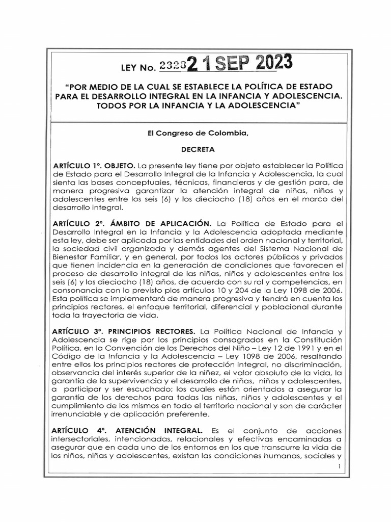 Ley 2328 Del 21 de Septiembre de 2023 Politíca de Estado para El Dllo ...