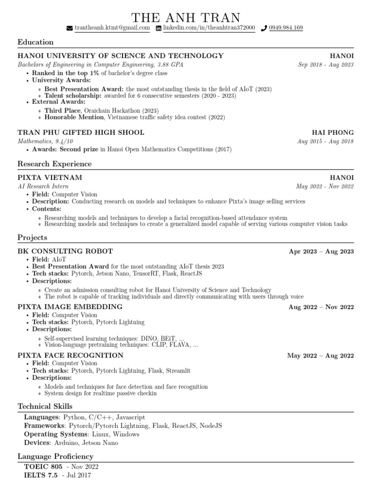 CV - Tran The Anh - AI Engineer | PDF | Computer Vision | Computing