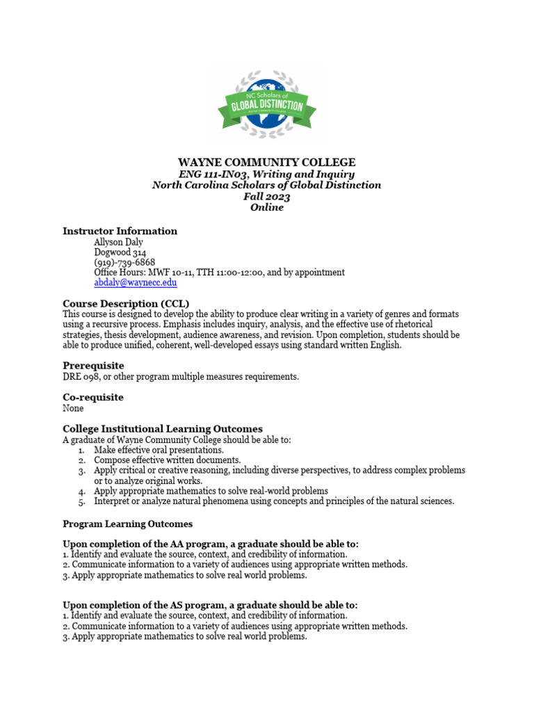 ENG111-IN03 Syllabus Fall 2023 Online | PDF | Turnitin | Information