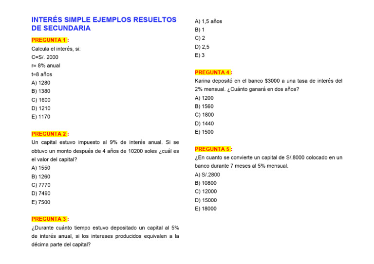 Interés Simple Ejemplos Resueltos de Secundaria 25-10 | PDF