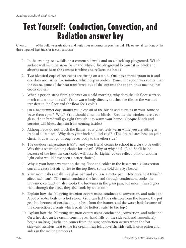 Test Yourself Conduction Convection Radiation Answer Key | PDF | Heat ...