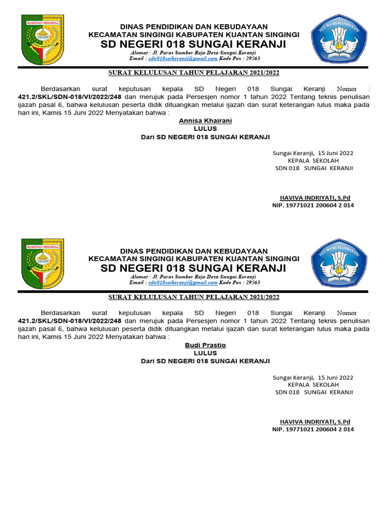 Surat Keterangan Lulus SD 2021/2022 | PDF