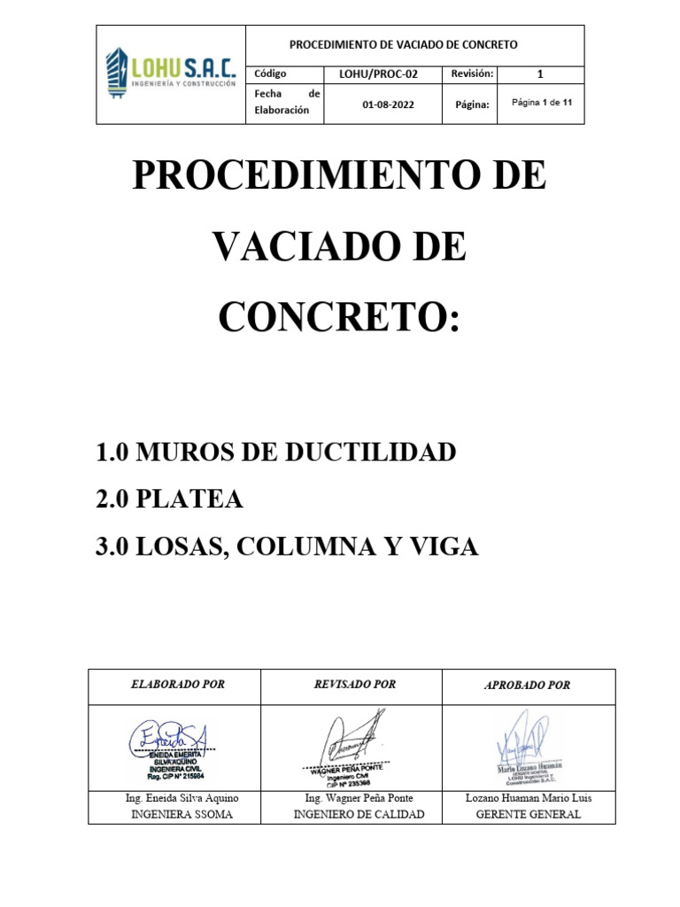 Procedimiento de Vaciado de Concreto | PDF | Hormigón | Ingeniería de ...
