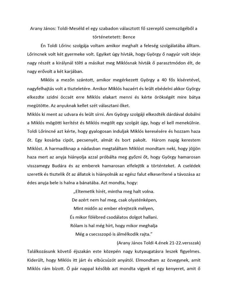 Arany János Toldi Bence Szemszögéből | PDF