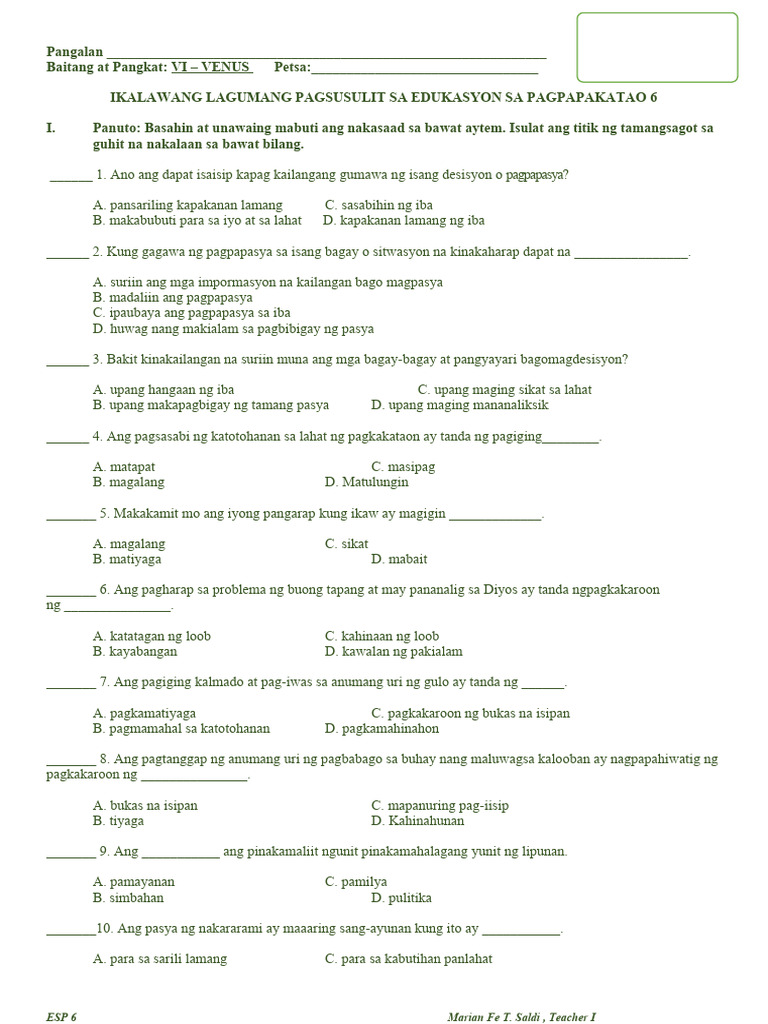 Summative Test in ESP 6 Quarter 1 | PDF Summative Test in ESP 6 Quarter 1 | PDF