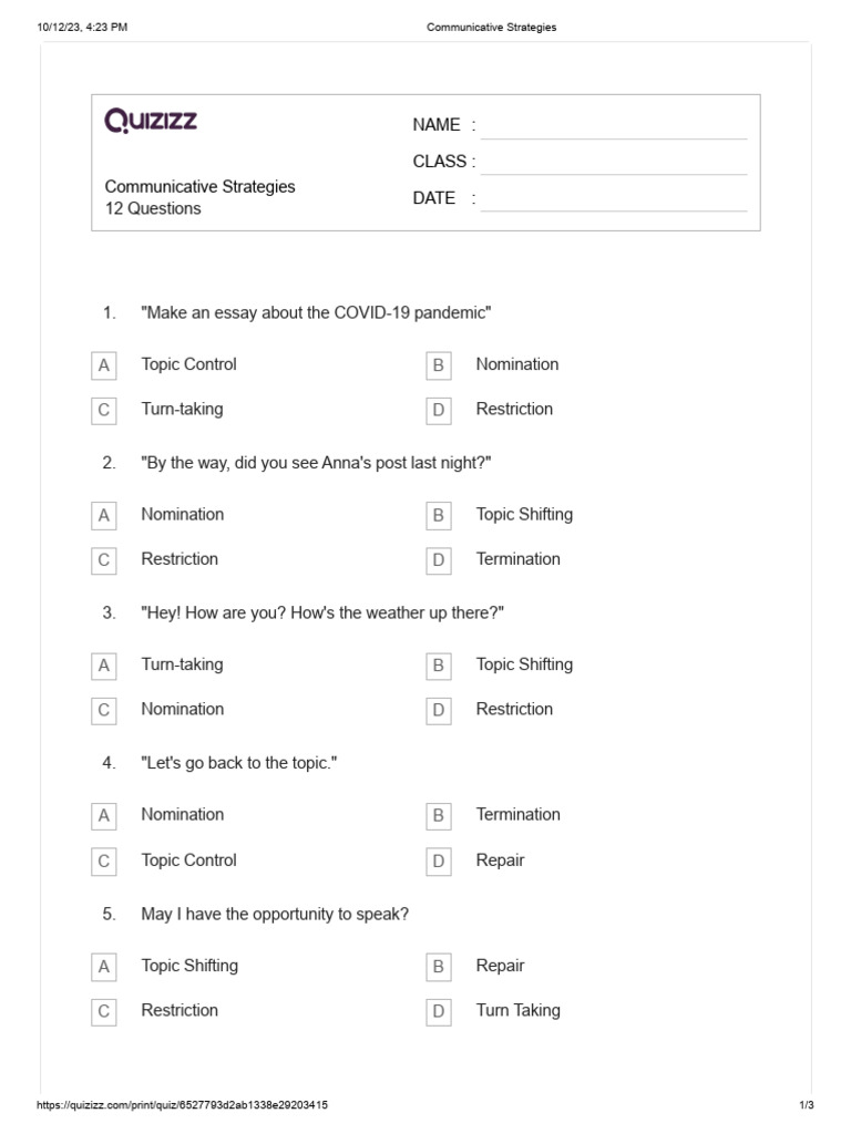 Communicative Strategies Quiz | PDF | Human Communication | Communication