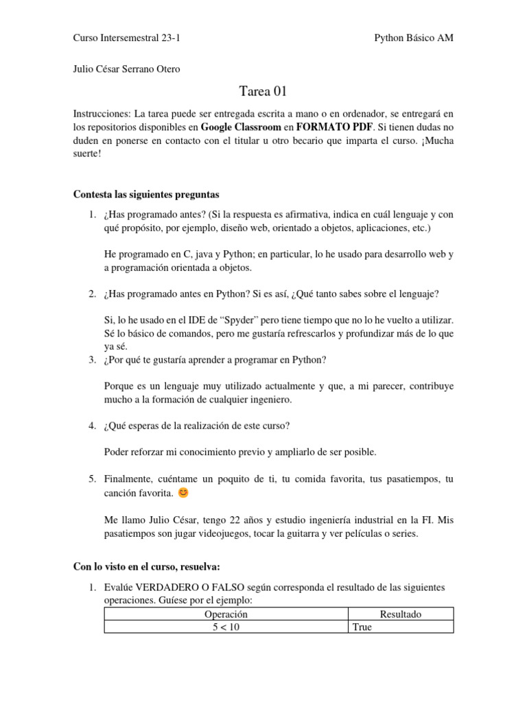 Tarea 01 Pdf Python Lenguaje De Programación Lenguaje De 