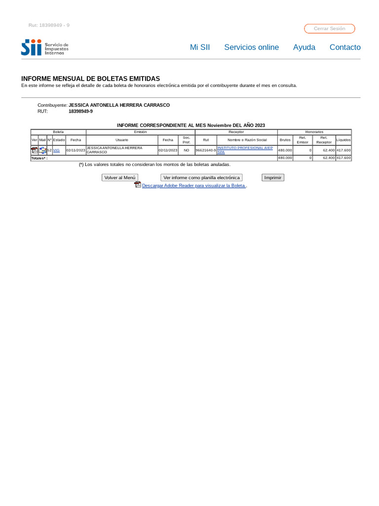 Informe Boletas Honorarios Nov 2023 | PDF