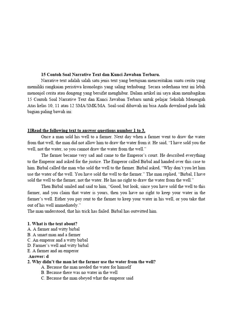 15 Contoh Soal Narrative Ujian Untuk Murid SMA | PDF | Inn