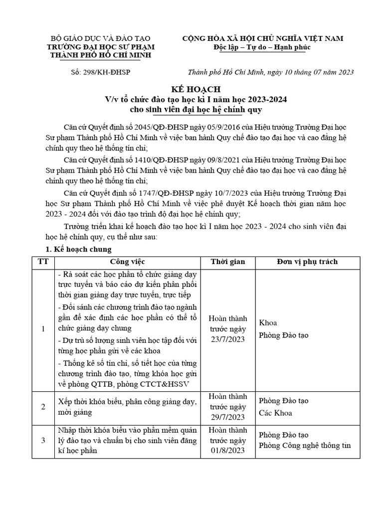 Ke Hoach Dao Tao Hoc Ky I Nam Hoc 2023-2024 - DK | PDF