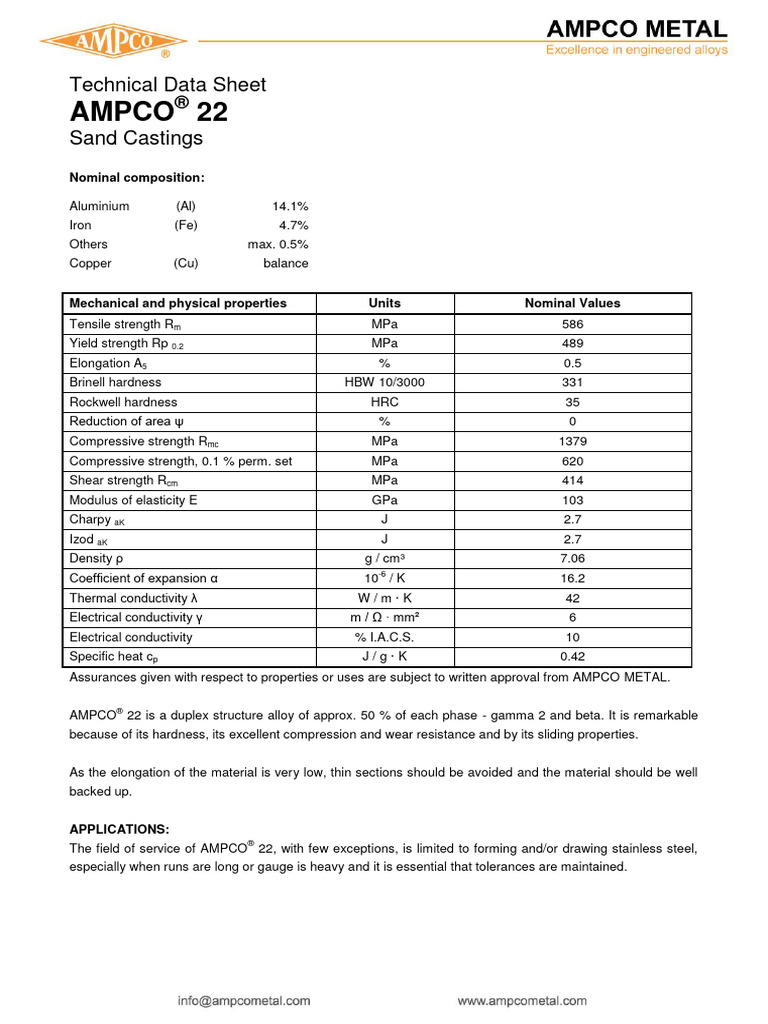 Ampco 22: Technical Data Sheet | PDF | Strength Of Materials | Hardness