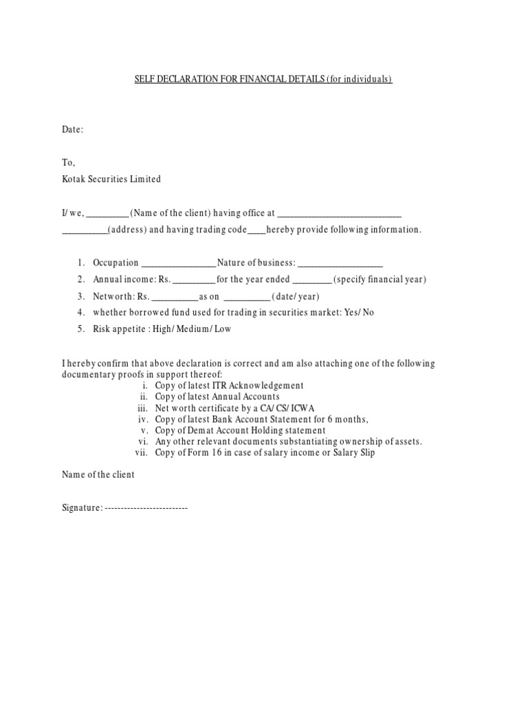 Self Declaration For Financial Details | PDF